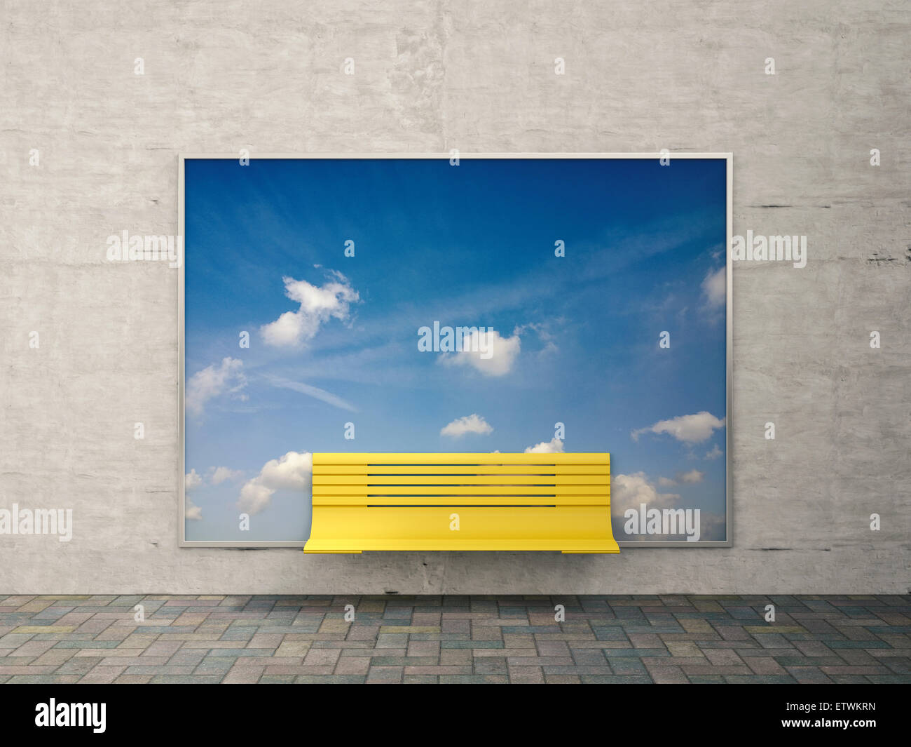 Yellow bench in front of billboard with sky and clouds Stock Photo - Alamy