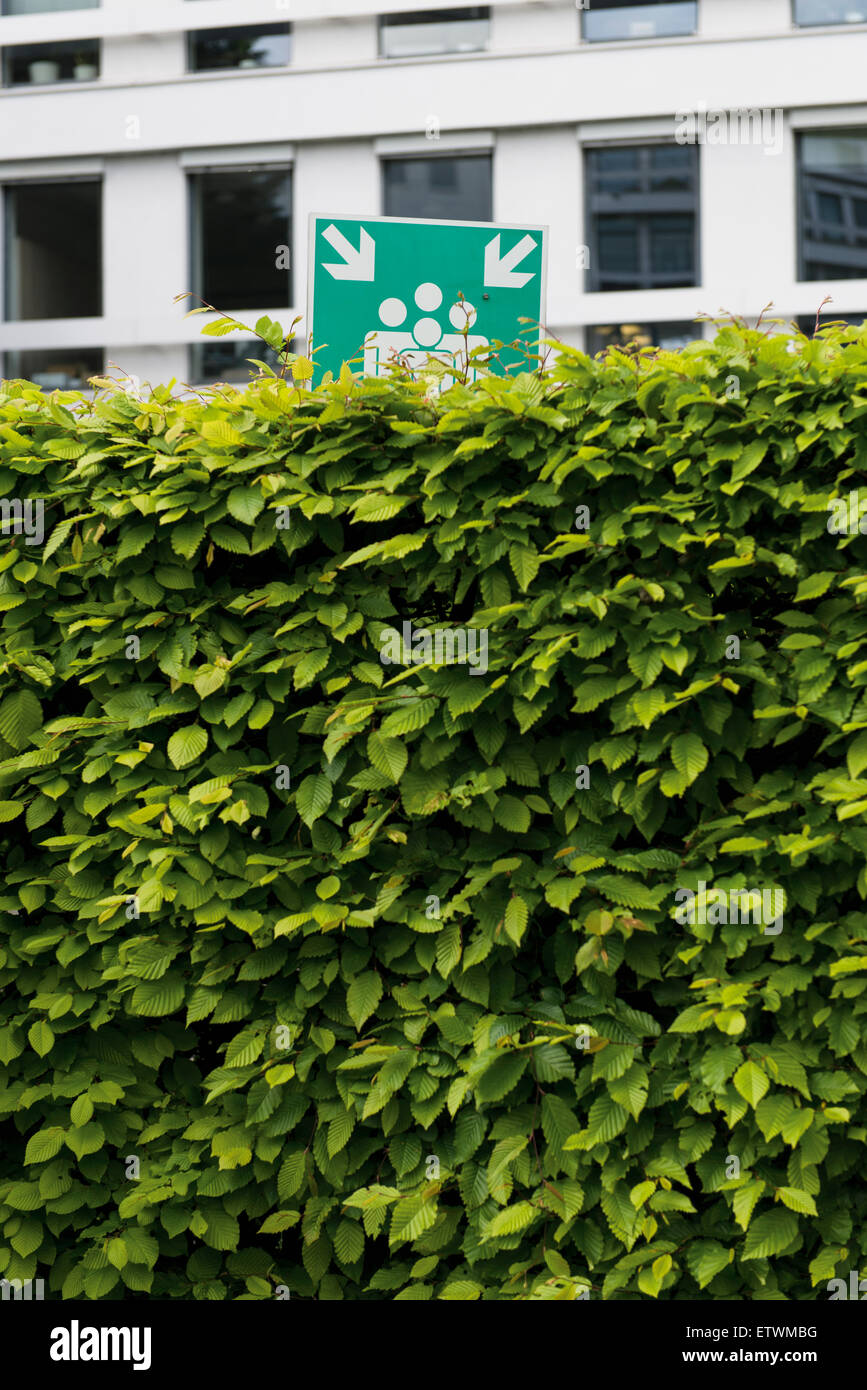 Germany, Duesseldorf, sign of meeting point behind a hedge Stock Photo ...