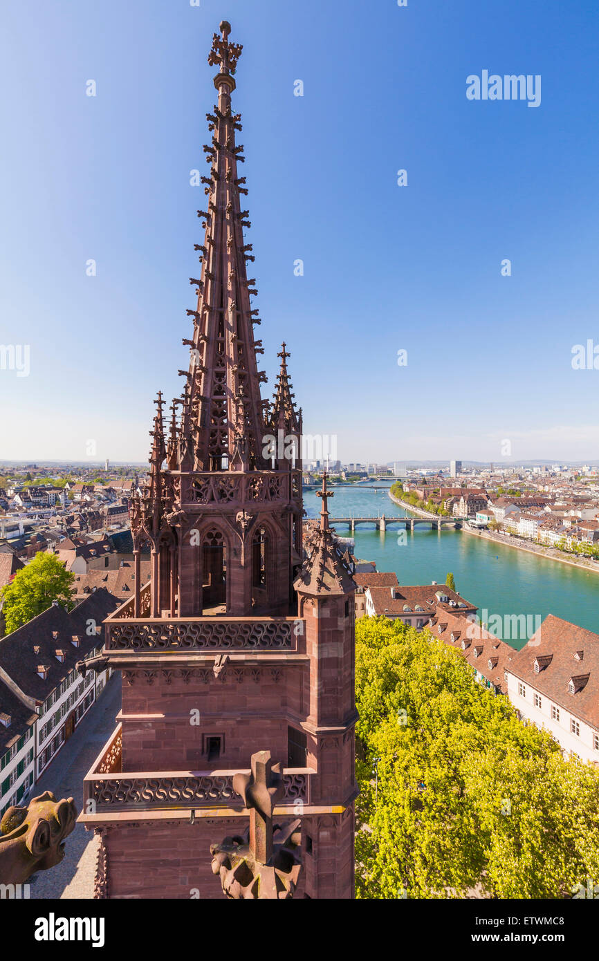 Switzerland, Basel, city view, Rhine and the steeple of the Minster ...