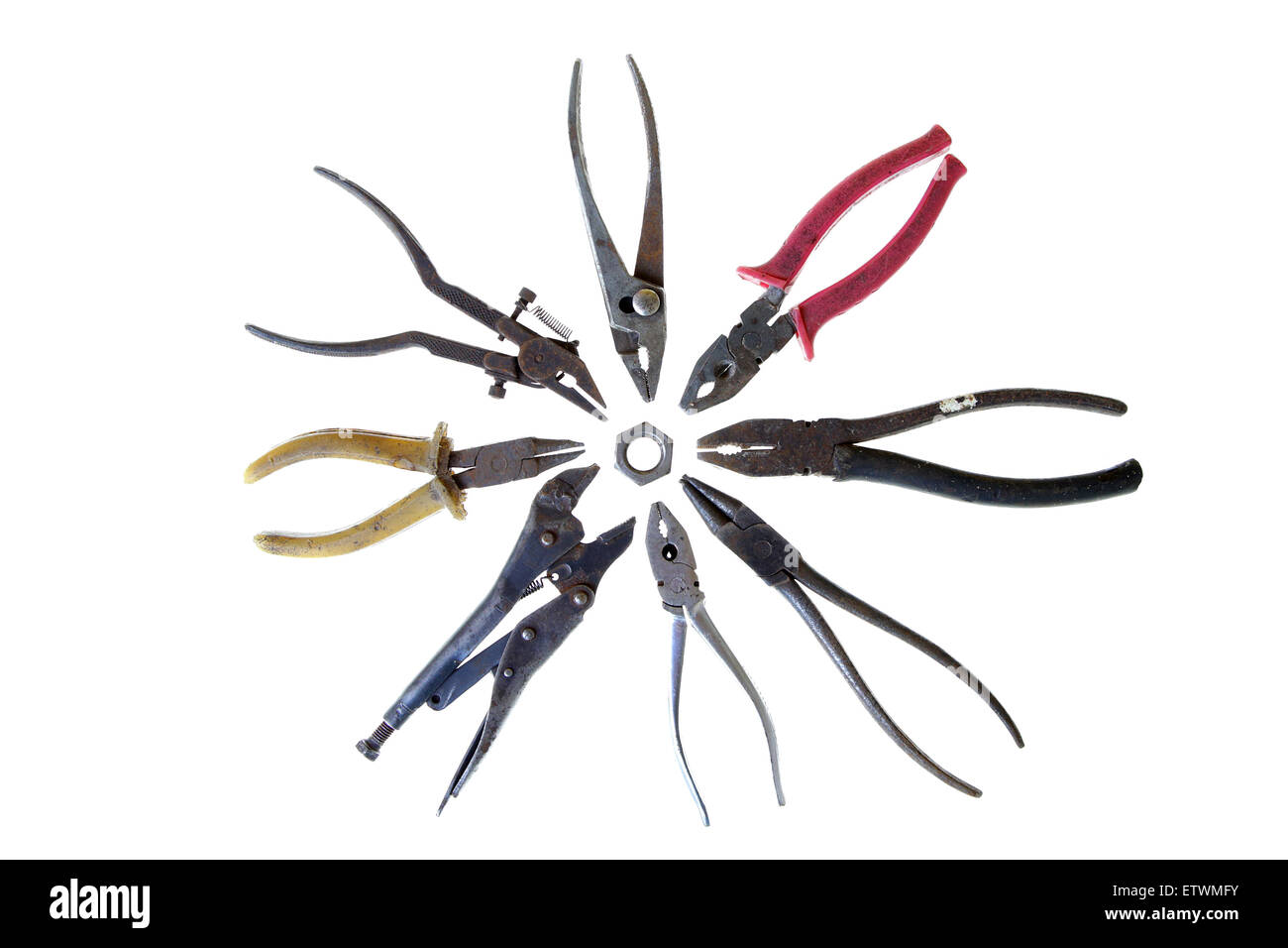 group of vintage pliers teamwork turning nut on white background Stock ...