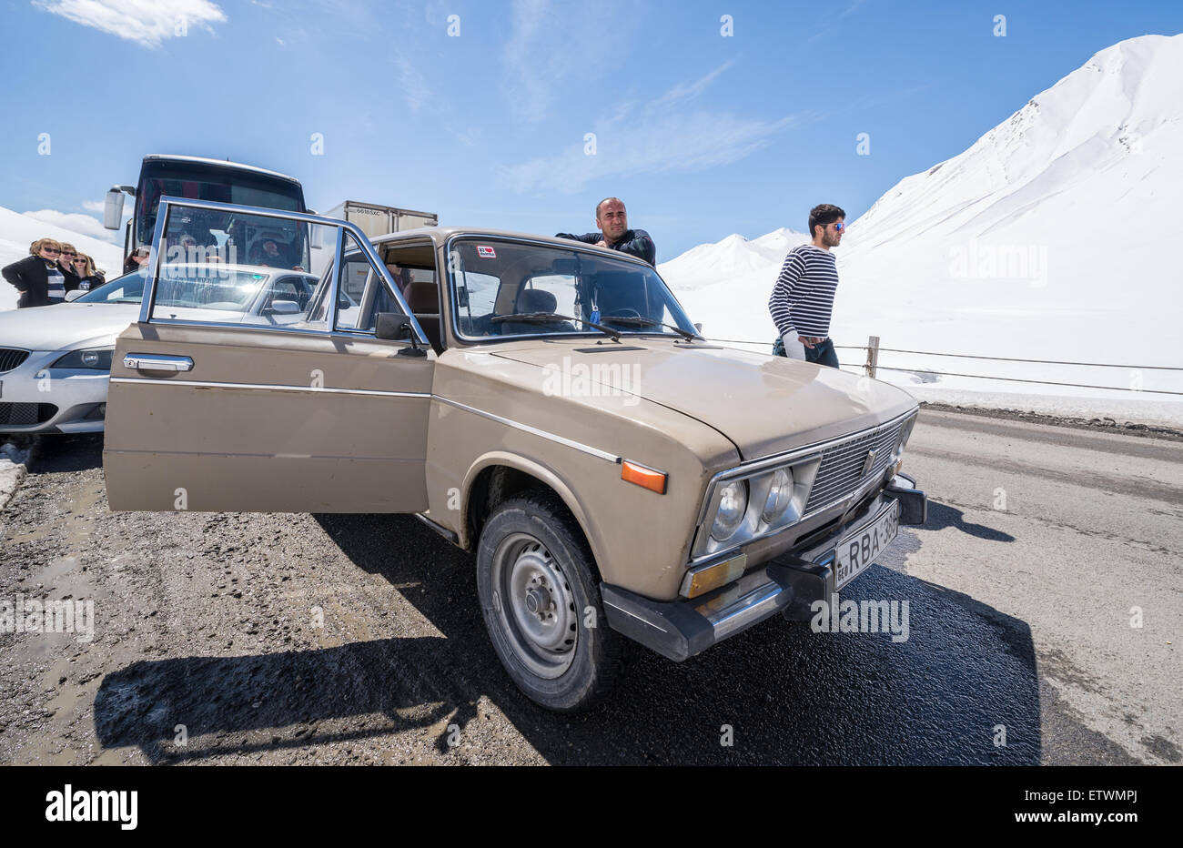 Driver with his Lada 1600 (VAZ 2106) car waiting in queue on Georgian ...