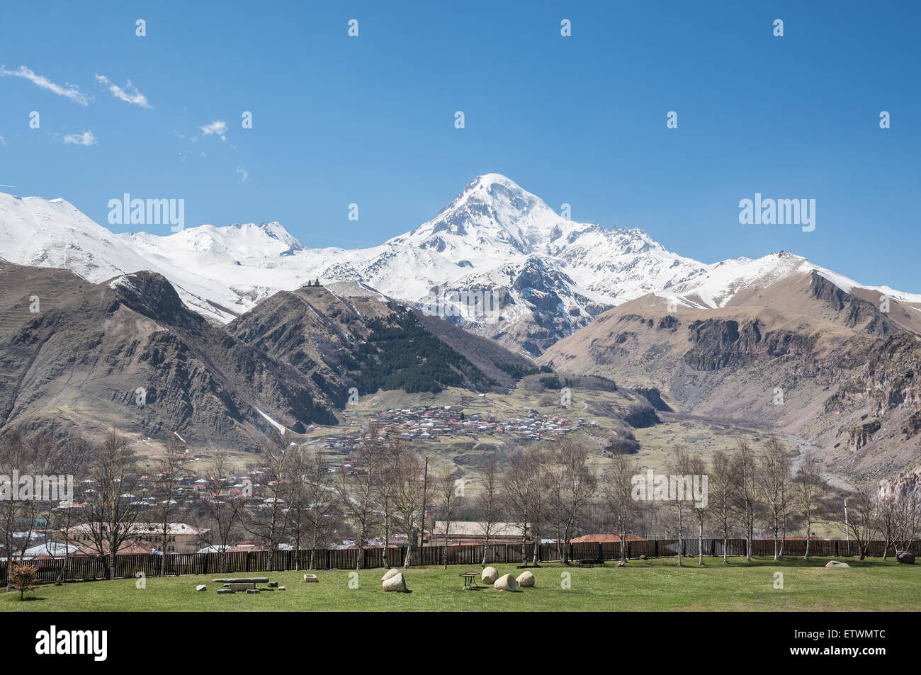 Aerial view on Caucasus Mountains with Mount Kazbek, Georgia ...