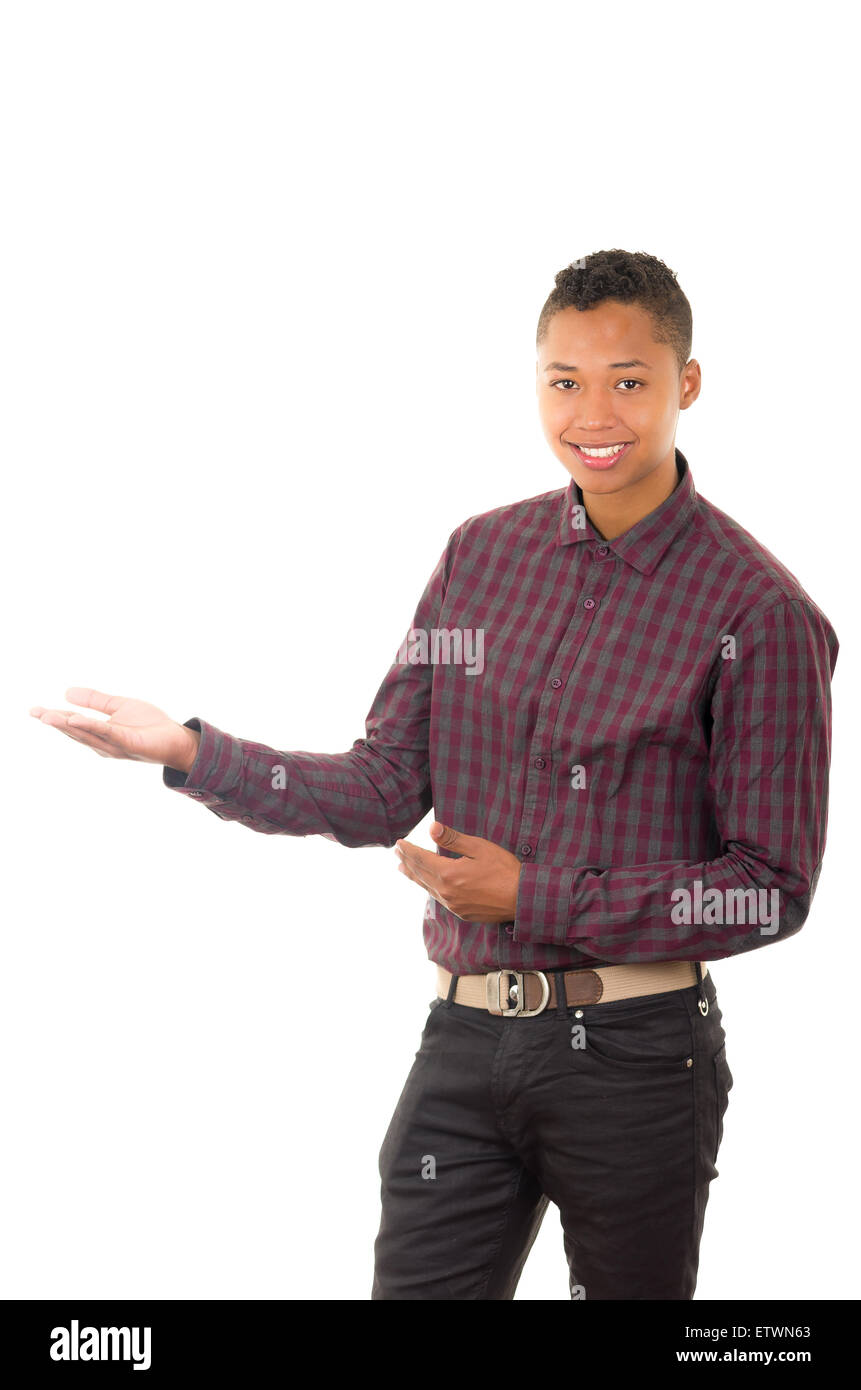 Hispanic male model posing casual clothes illustrating with arms Stock ...
