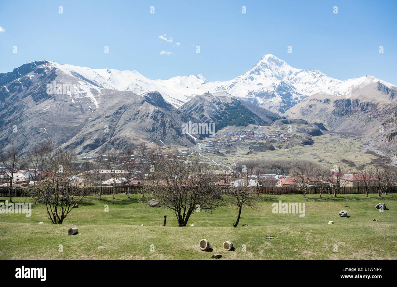 Aerial view on Caucasus Mountains with Mount Kazbek, Georgia ...