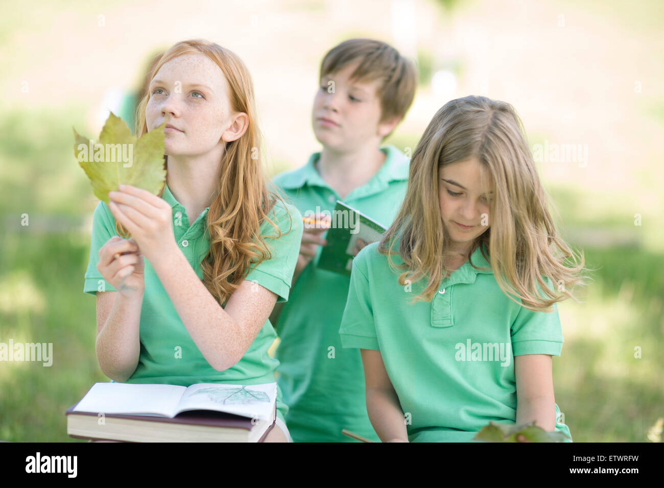 Group of pupils with exercise books and leaves in a park Stock Photo ...