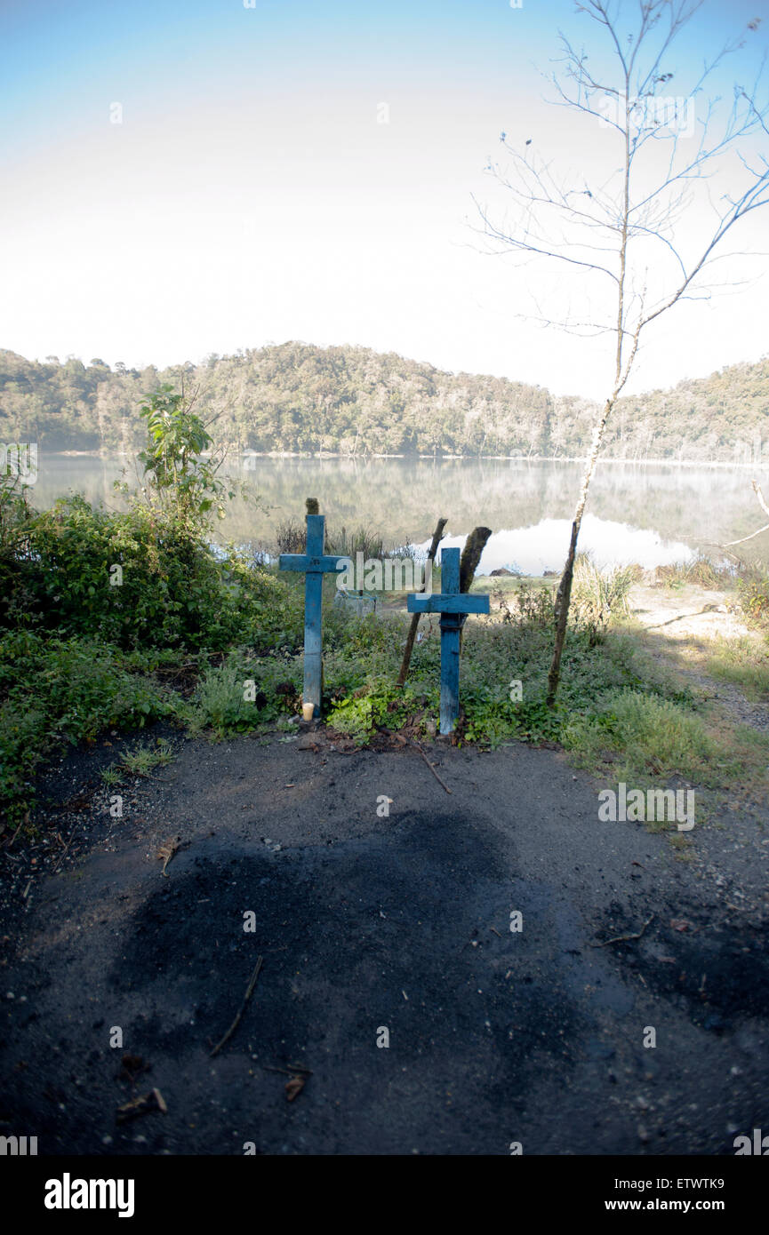 Mayan sacred Chicabal Lake (Laguna Chicabal) at Volcan Chicabal ...