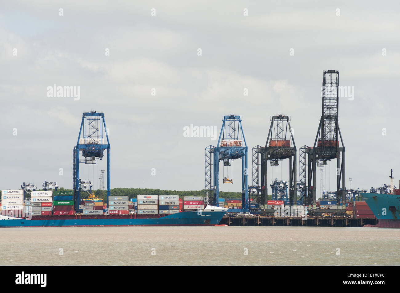 Felixstowe shipping port docks with massive cranes loading large ...