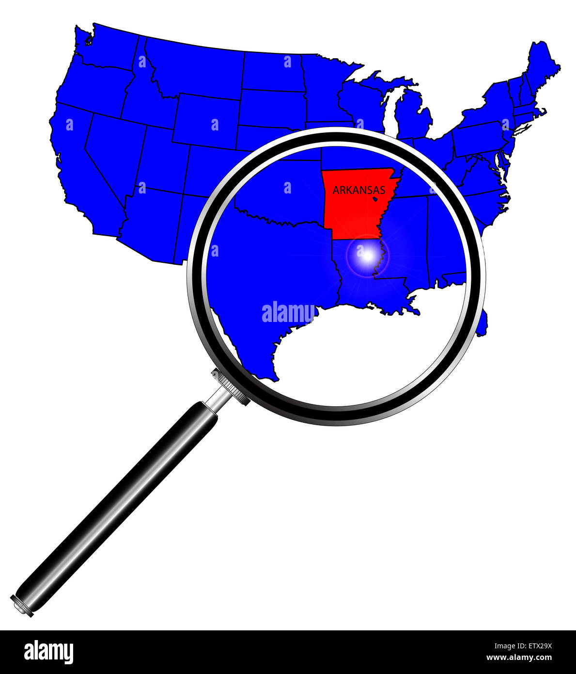 Arkansas state outline set into a map of The United States of America ...