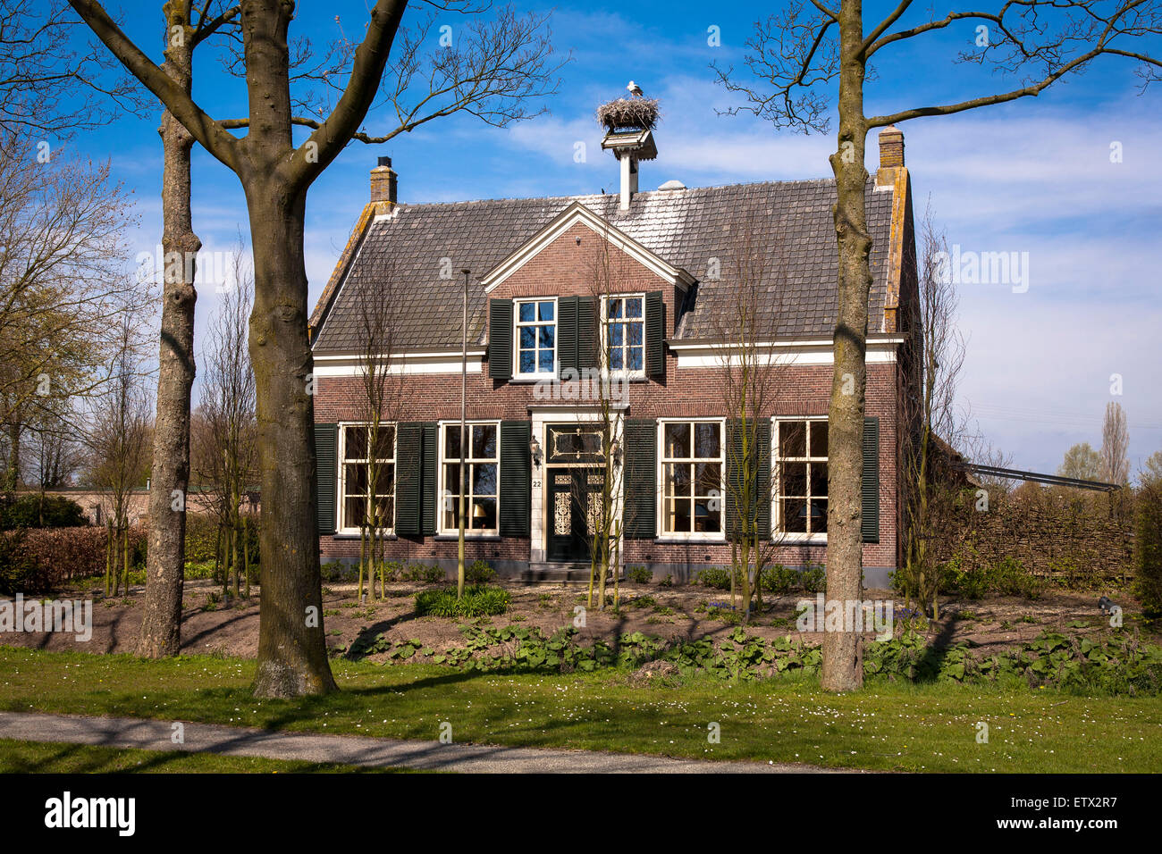 NLD, Netherlands, Gelderland, house with storks nest in Rossum at the ...