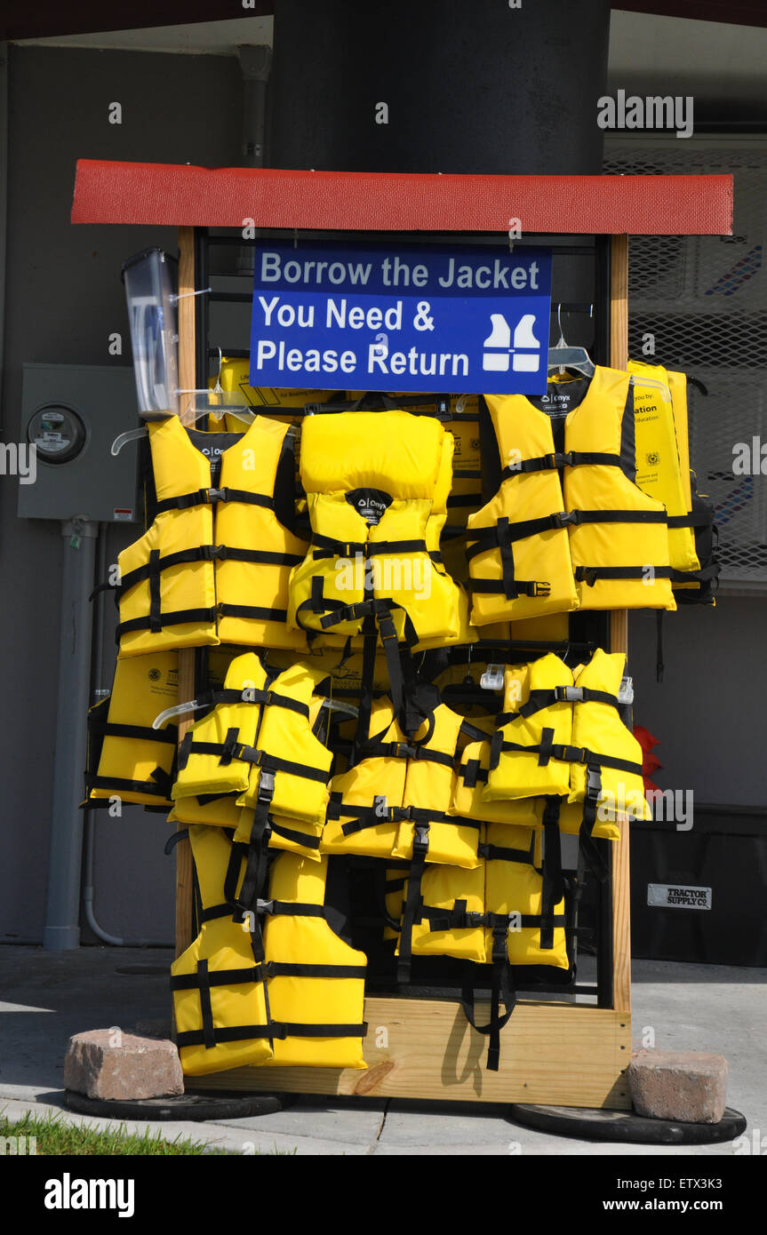 A life jacket loaner display on the Washington, NC waterfront Stock ...