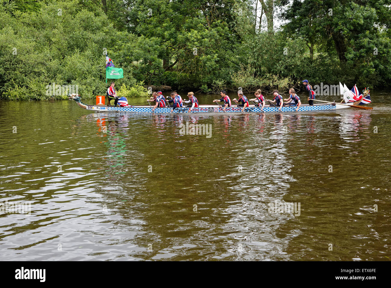 On the River Thames at Runnymede a Dragons Boat works its way upstream ...