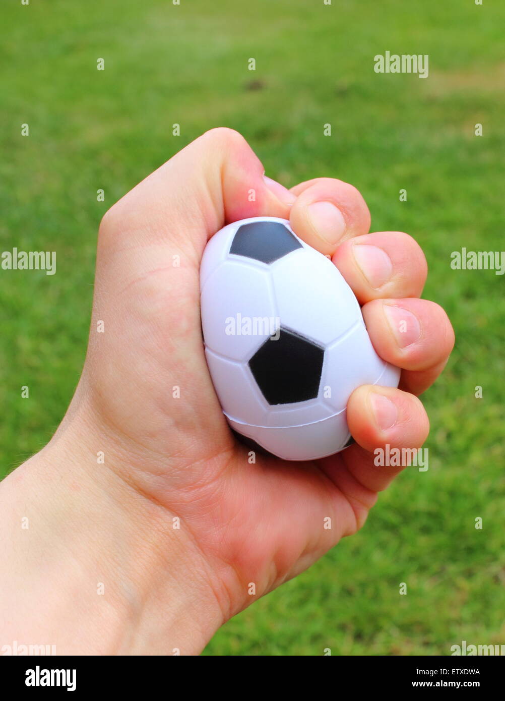 Hand of man squeezing a small black and white stress ball on green ...
