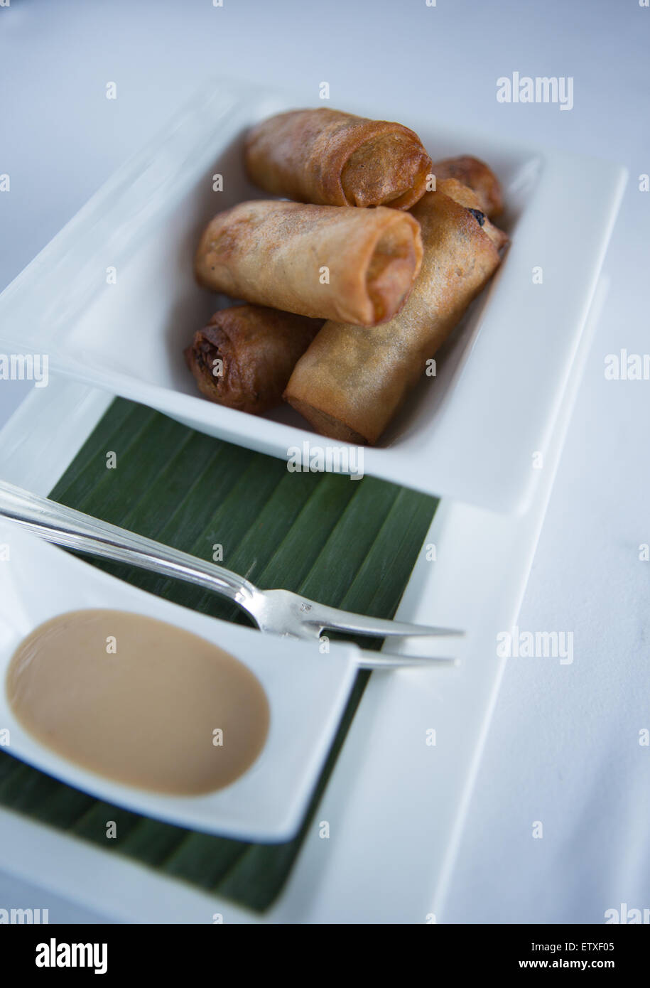 Crispy vegetable spring rolls served with a tamarind dipping sauce ...
