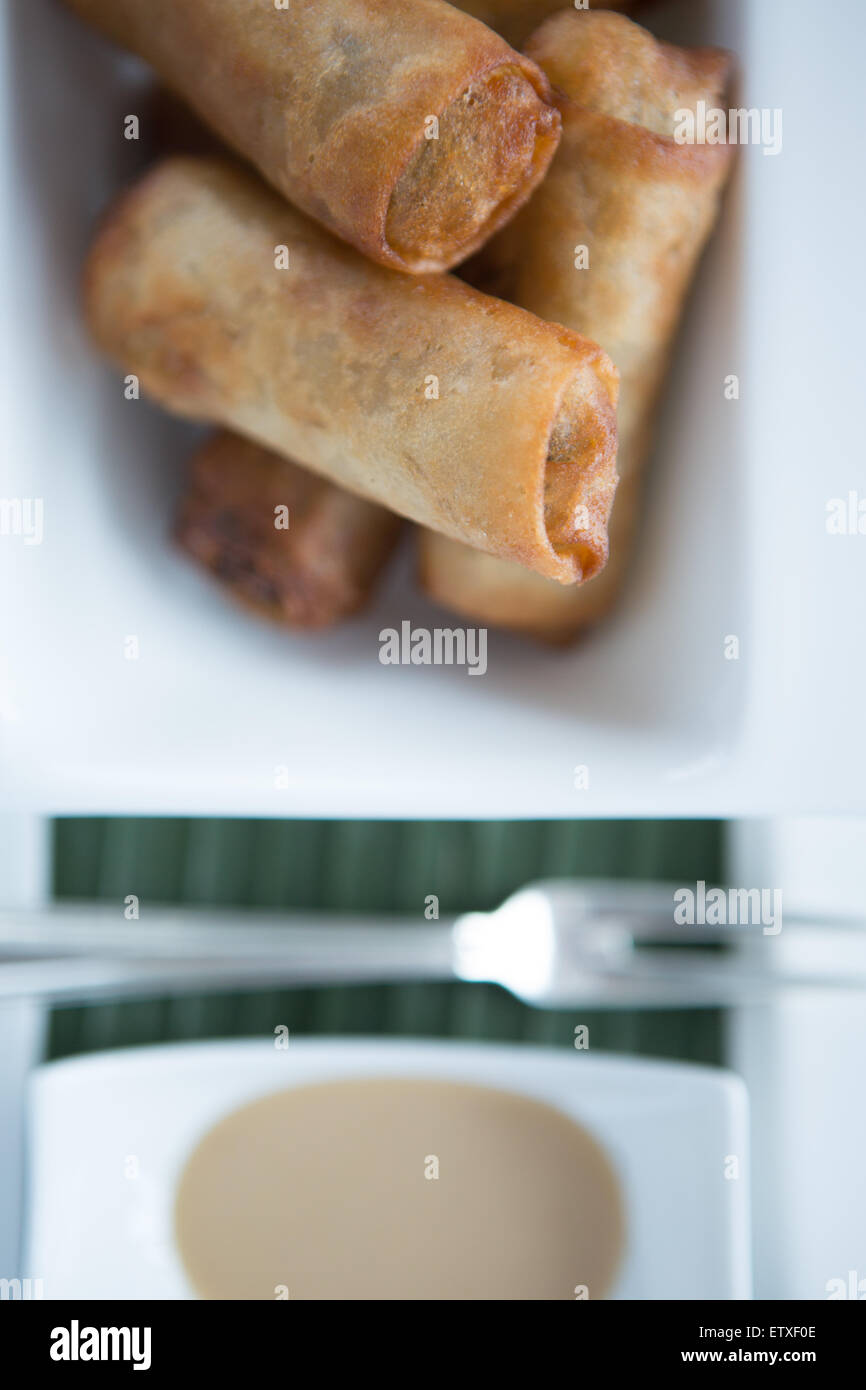 Crispy vegetable spring rolls served with a tamarind dipping sauce ...