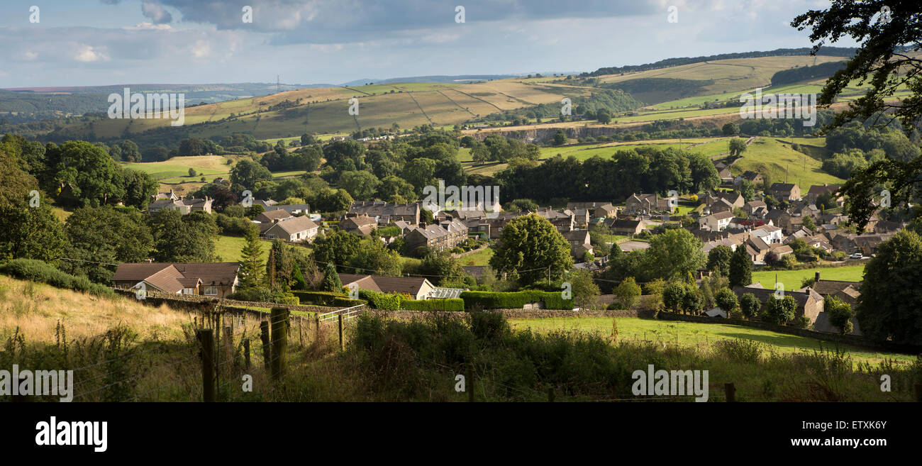UK, England, Derbyshire, , panoramic view of Eyam village from Bole ...