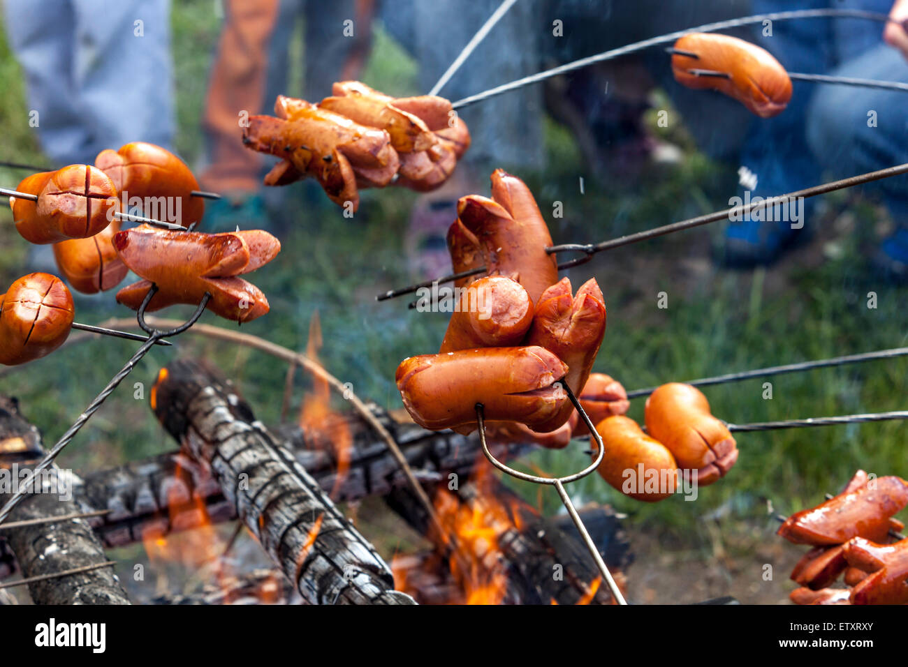 Sausage on stick over fire, bonfire party Stock Photo - Alamy