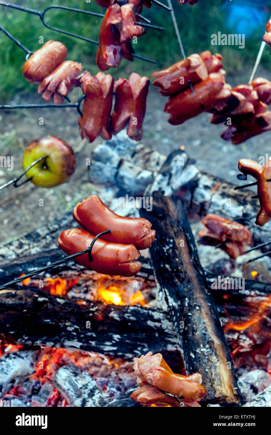 Sausage on stick over fire, bonfire party, burning campfire Stock Photo ...