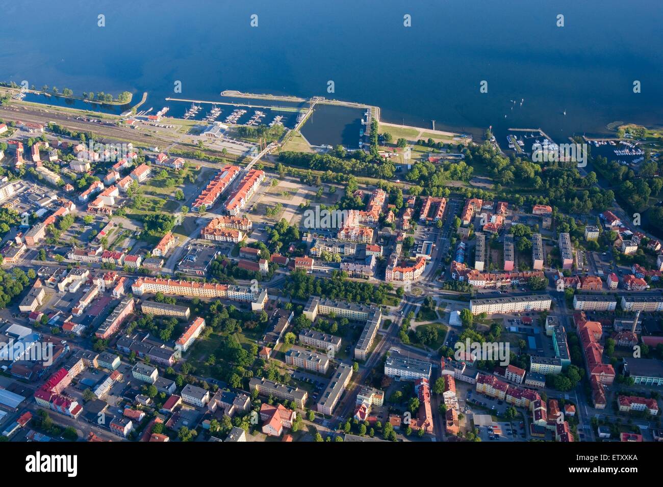 Aerial view of Gizycko - town on Niegocin lakeshore, Mazury, Poland ...