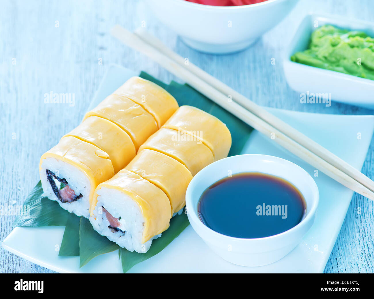 fresh sushi and soy sauce on a table Stock Photo - Alamy