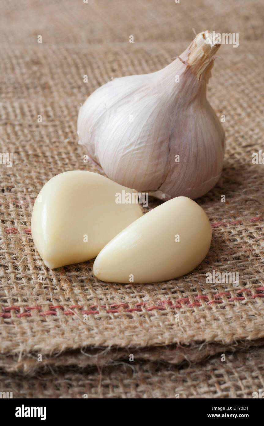 Garlic bulb and cloves on a hessian background Stock Photo - Alamy