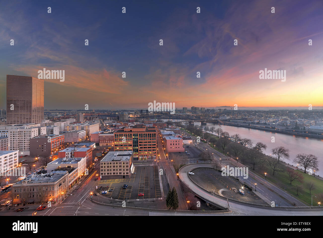 Freeway Ramp to Downtown Portland Oregon along Willamette River ...