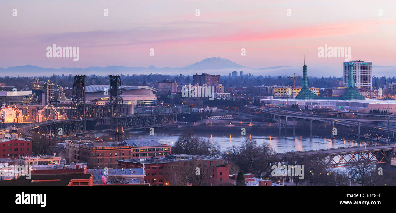 Portland Oregon Cityscape at Sunrise with Mt St Helens View along ...