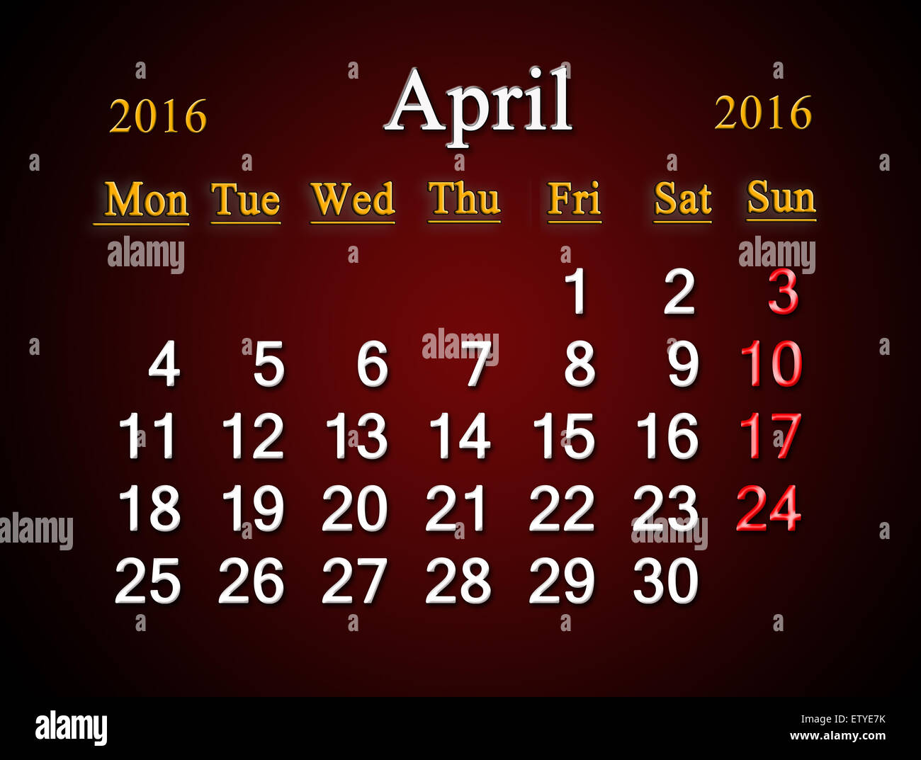 beautiful claret calendar on April of 2016. Calendar for printing and ...