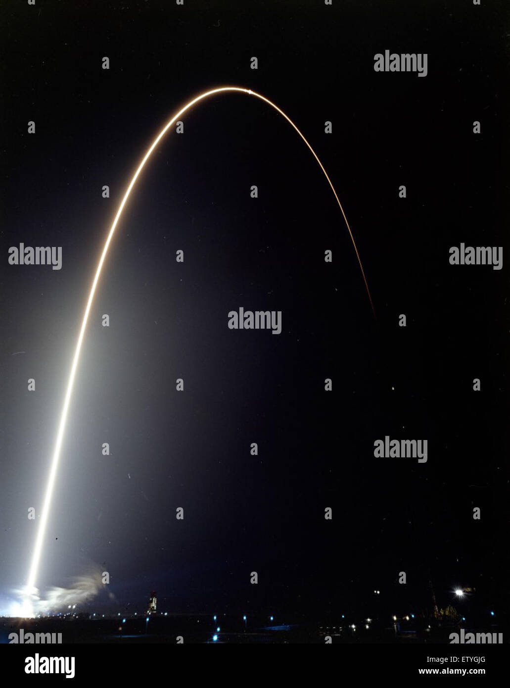 A photograph capturing the launch trace and trajectory streak of the ...