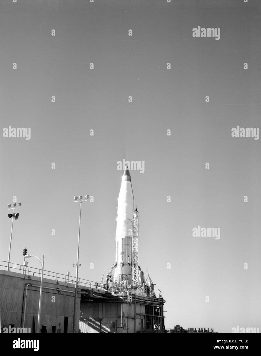 The Atlas 6B rocket is shown on the launch pad at Cape Canaveral ...