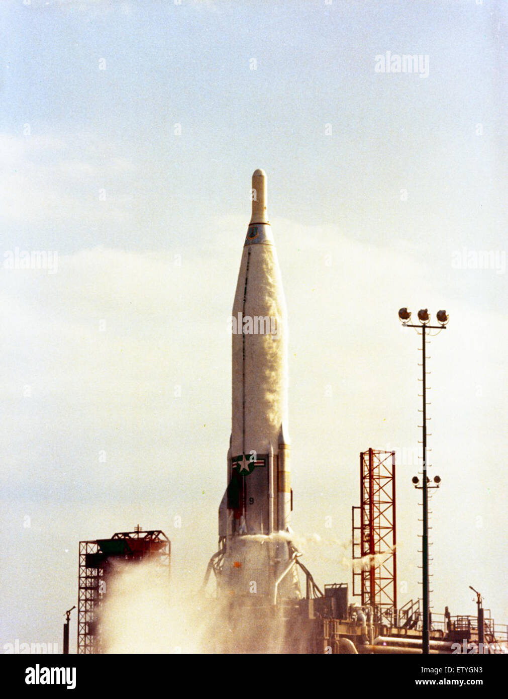 A technical image of the ignition process of an Atlas missile ...