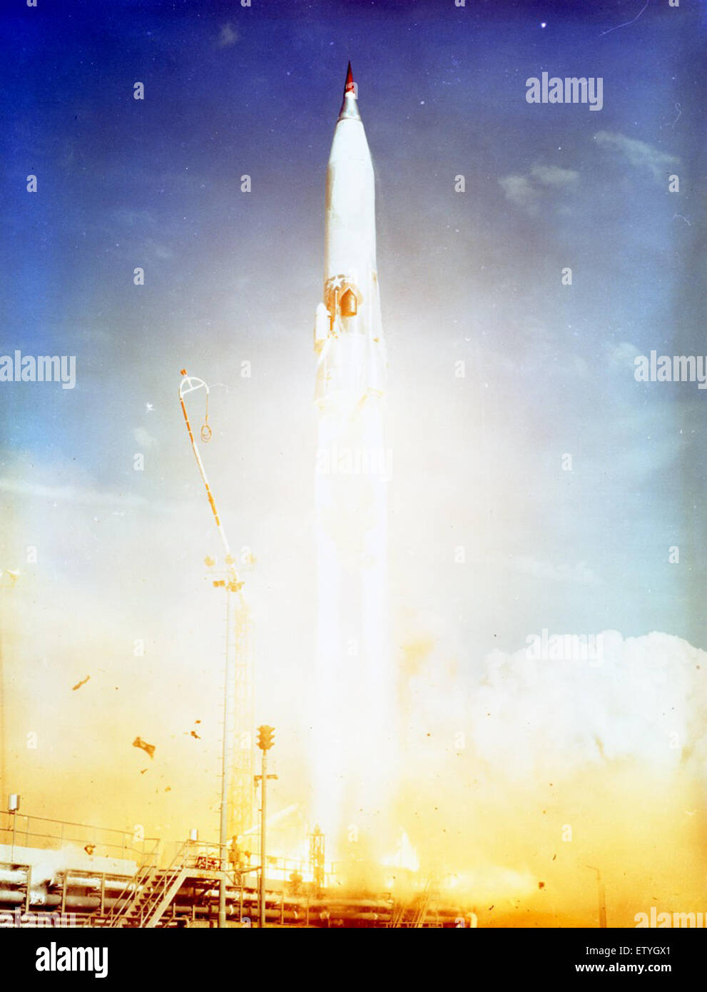 The Atlas missile is launched during a test in this historical image ...