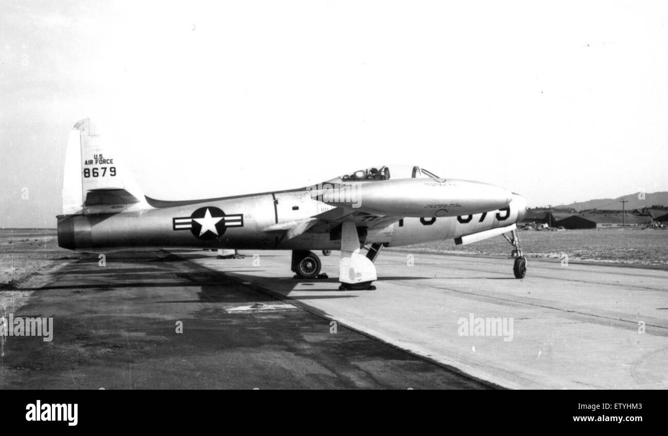 The F-84D-1 Thunderjet, captured in a photograph by Peter Bowers, is a ...