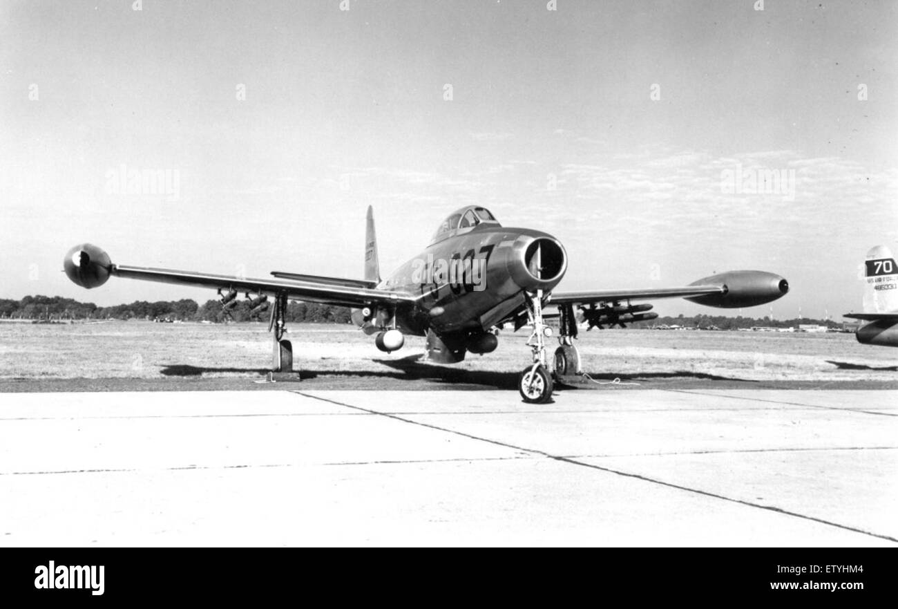 The F-84E-1-RE Thunderjet, photographed by William T. Larkins, is shown ...