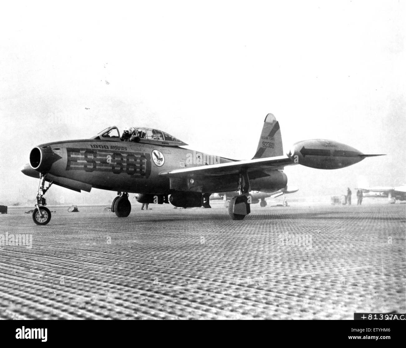 This image shows a U.S. Air Force F-84E-15 Thunderjet, a jet fighter ...