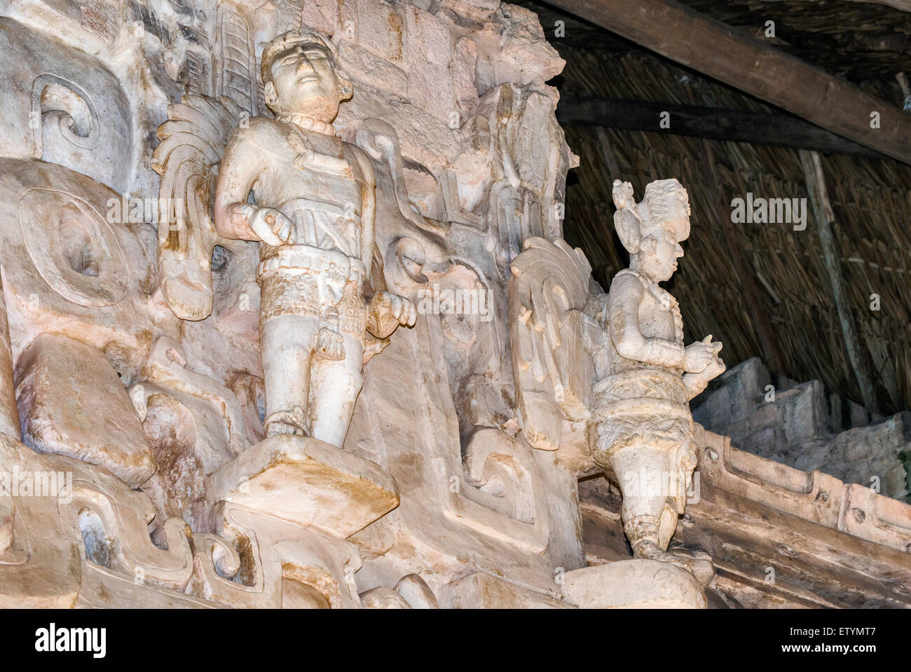 Winged Maya warrior figures, carved at Acropolis pyramid at Ek Balam ...