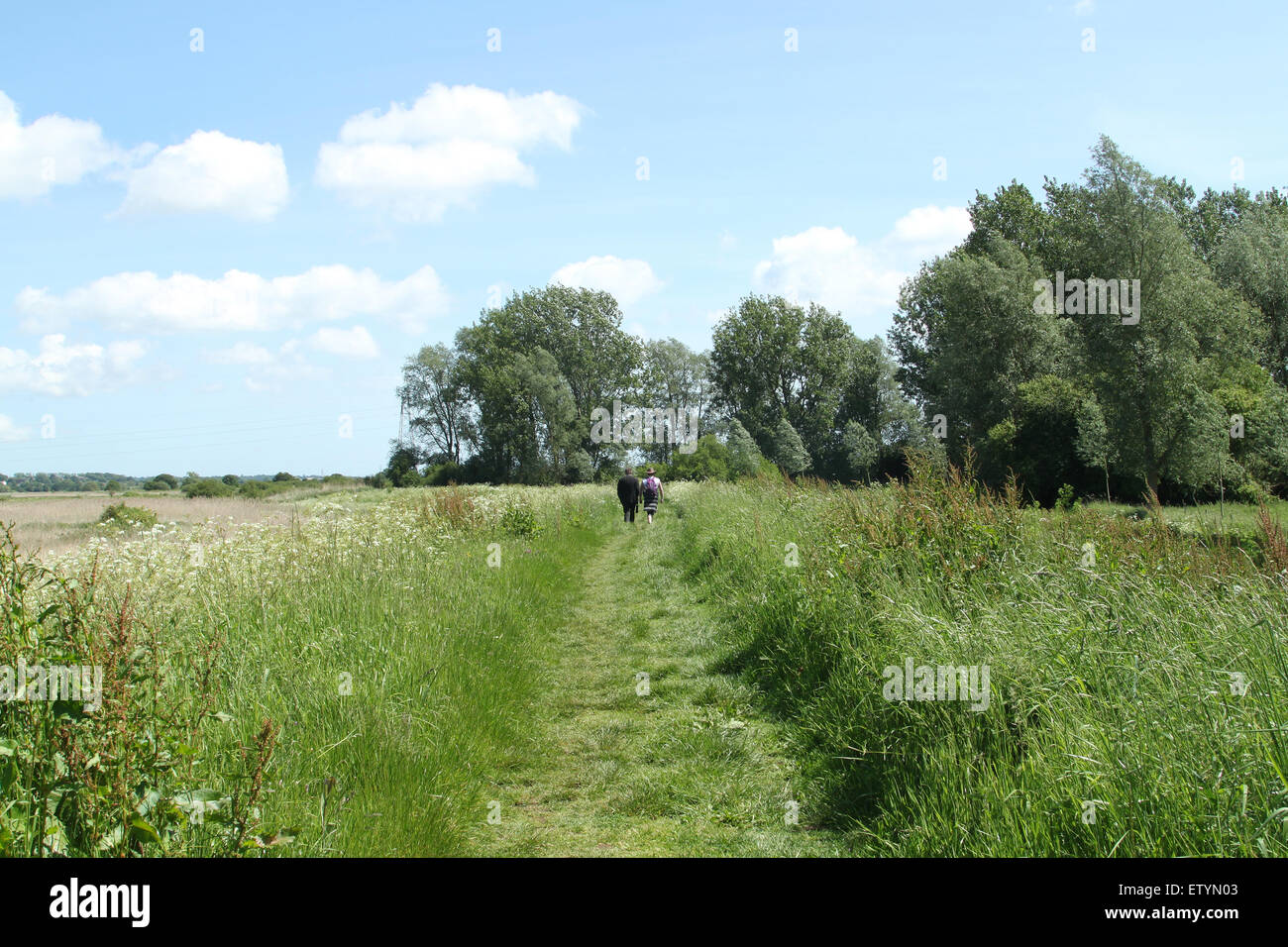 Two people walking along country path in Dedham Vale, Suffolk Stock ...