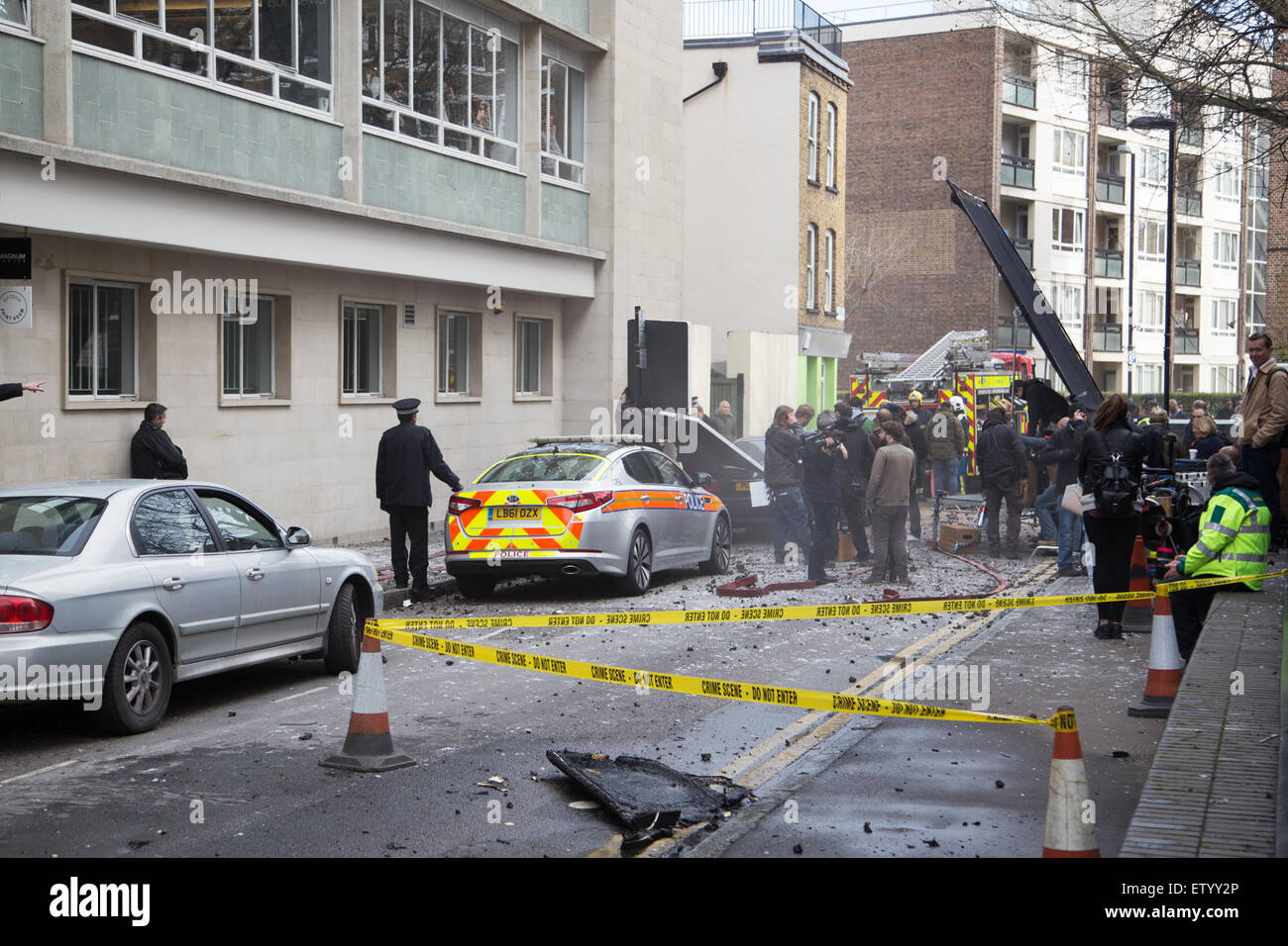 Idris Elba filming in the aftermath of an explosion. Featuring: Idris ...