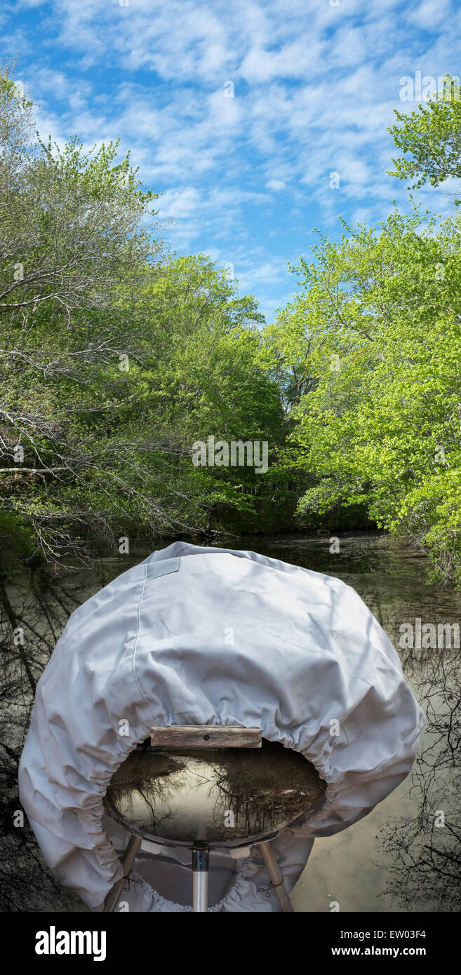 Covered Grille, Tree Lined Stream, and blue sky with clouds Stock Photo ...