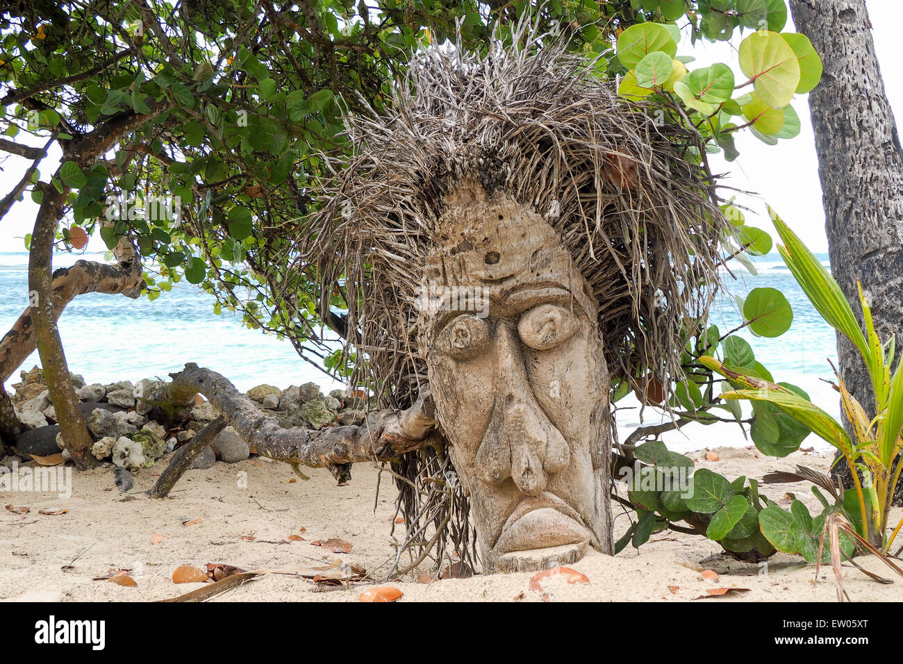 A voodoo mask graven in a tree trunk on a tropical beach, with sea in ...