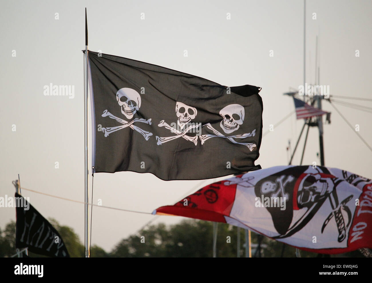 Pirate flags waving at dusk Stock Photo - Alamy