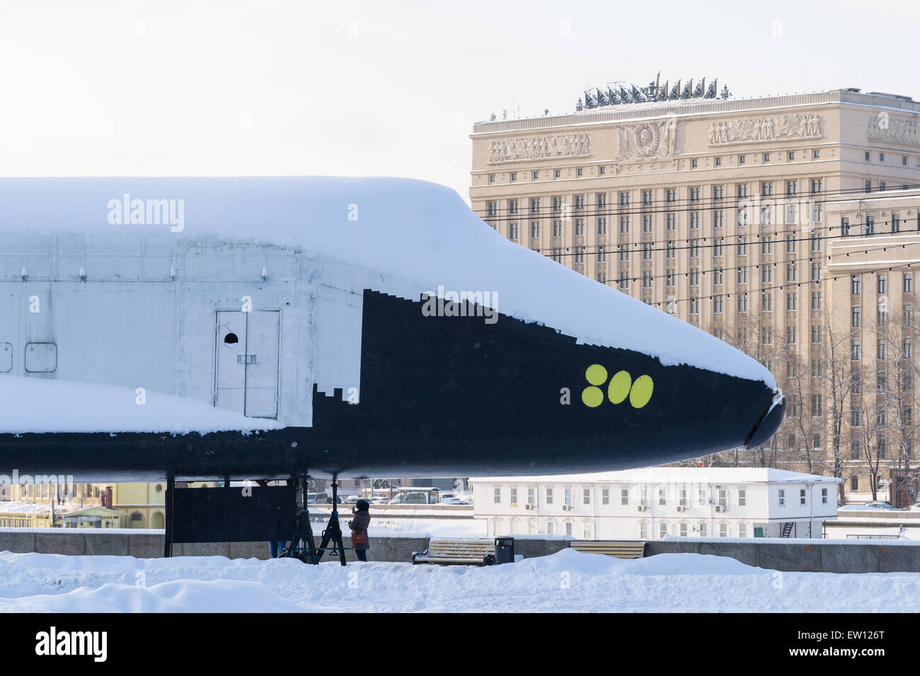 Snow covered dummy of the Soviet space shuttle Buran (blizzard) on ...