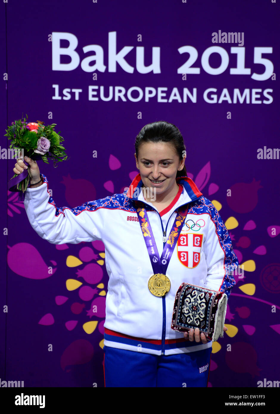 Baku. 16th June, 2015. Gold medalist Andrea Arsovic from Serbia reacts ...
