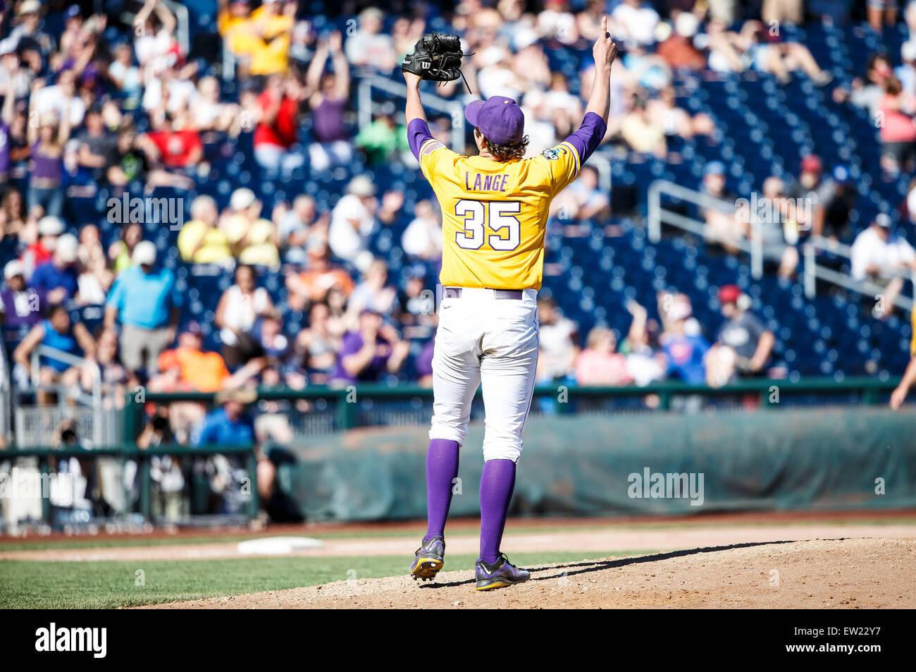 June 16, 2015: LSU relief pitcher Alex Lange #35 reacts after the last ...