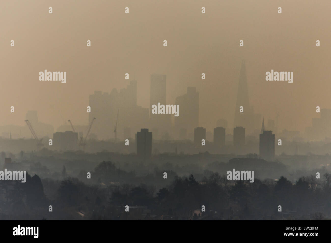 Smog and Saharan dust is seen in the sky of the city of London. Photo ...