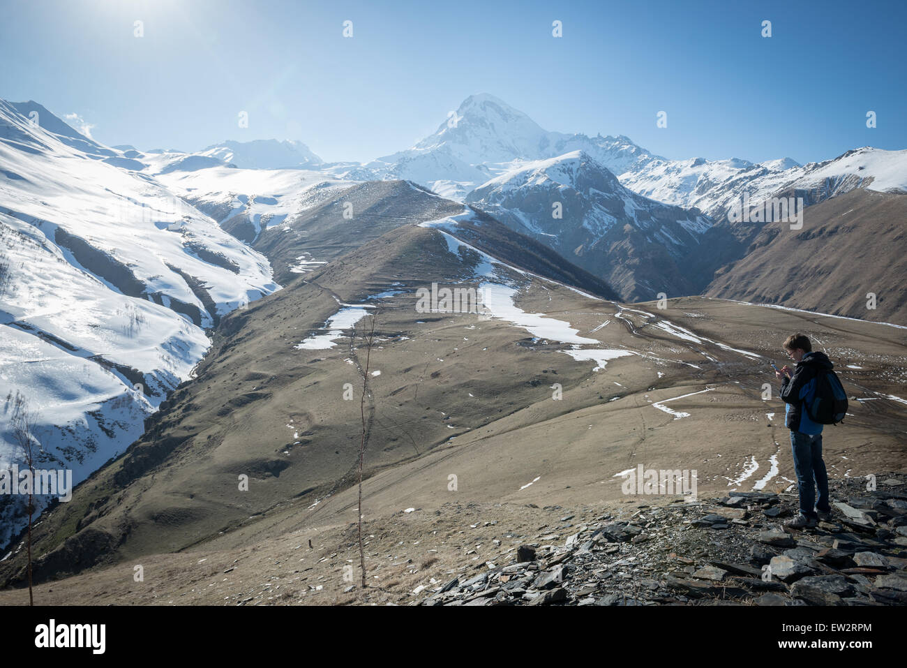 Aerial view on Greater Caucasus Mountains with Mount Kazbek, Georgia ...