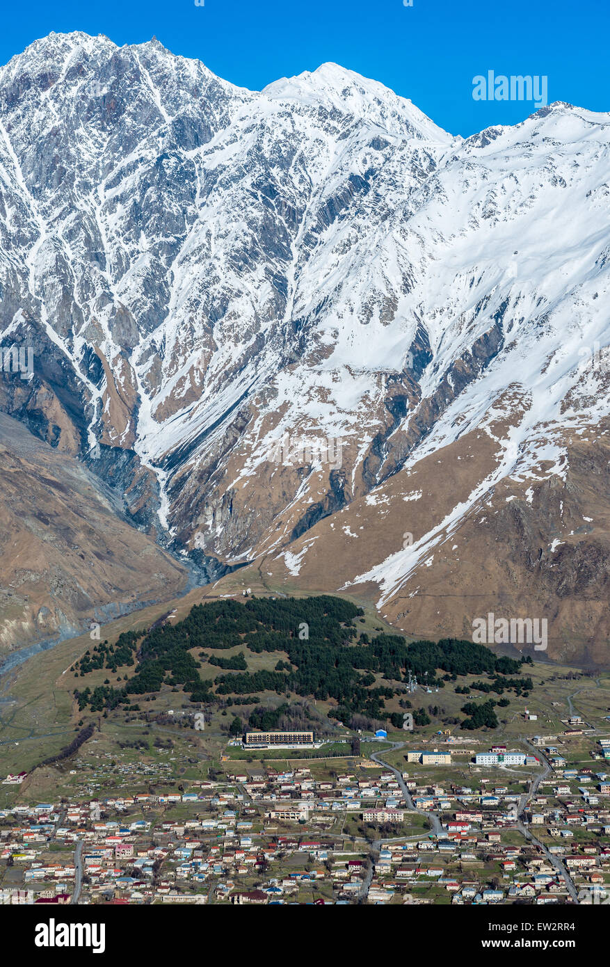 Aerial view on Stepantsminda town (formerly Kazbegi) and Caucasus ...