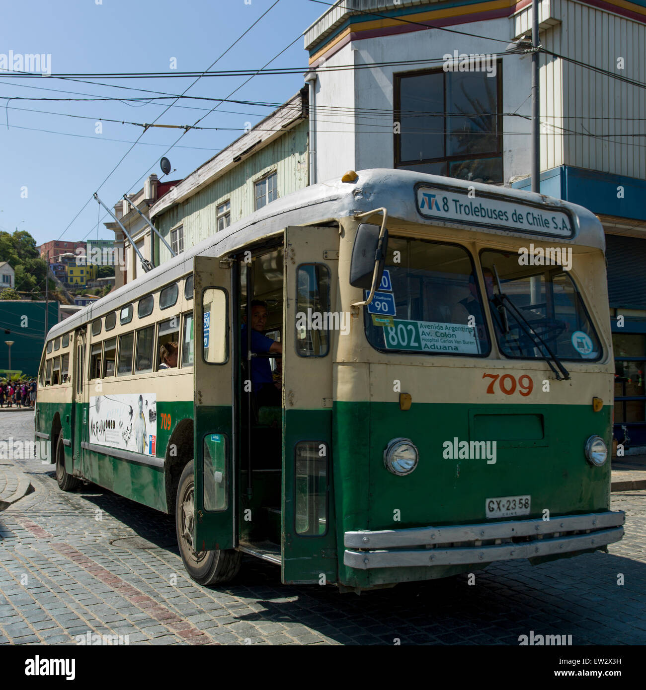 Trolley bus on the street, Valparaiso, Chile Stock Photo - Alamy