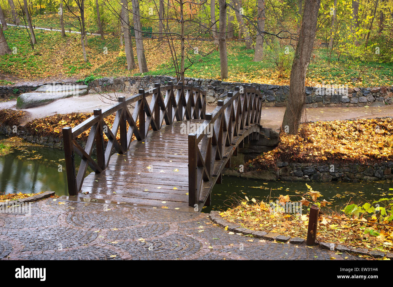 Autumn landscape. Bridge in park. Composition of nature Stock Photo - Alamy