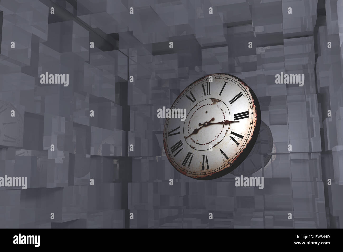 3d rendering of an abstract composition of an old clock on a cubes wall ...