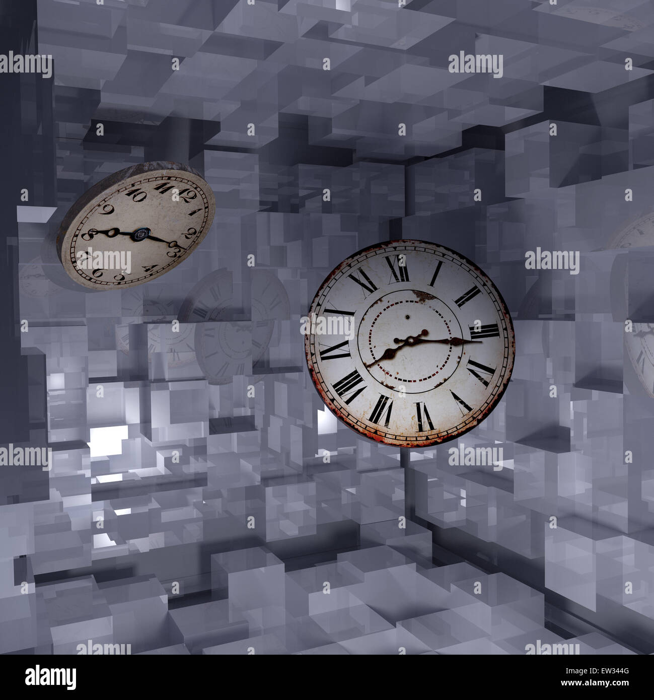 3d rendering of an abstract composition of an old clocks on a cubes ...